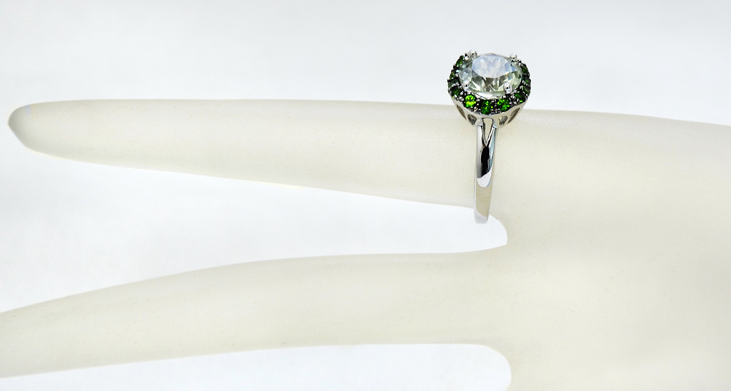 RB Gems Sterling Silver 925 Ring GENUINE GEMS 3.30 Cts, Round 9 mm, RHODIUM-PLATED Finish, Flower Style (8, prasiolite-quartz)