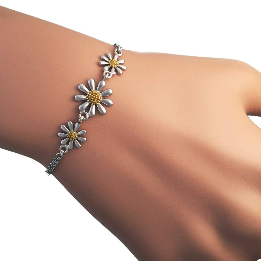 Paul Wright 925 Sterling Silver Daisy Bracelet, Three Daisies with 18ct Gold Plated Centres, Double Chain, 6.5β Plus 1β Extender