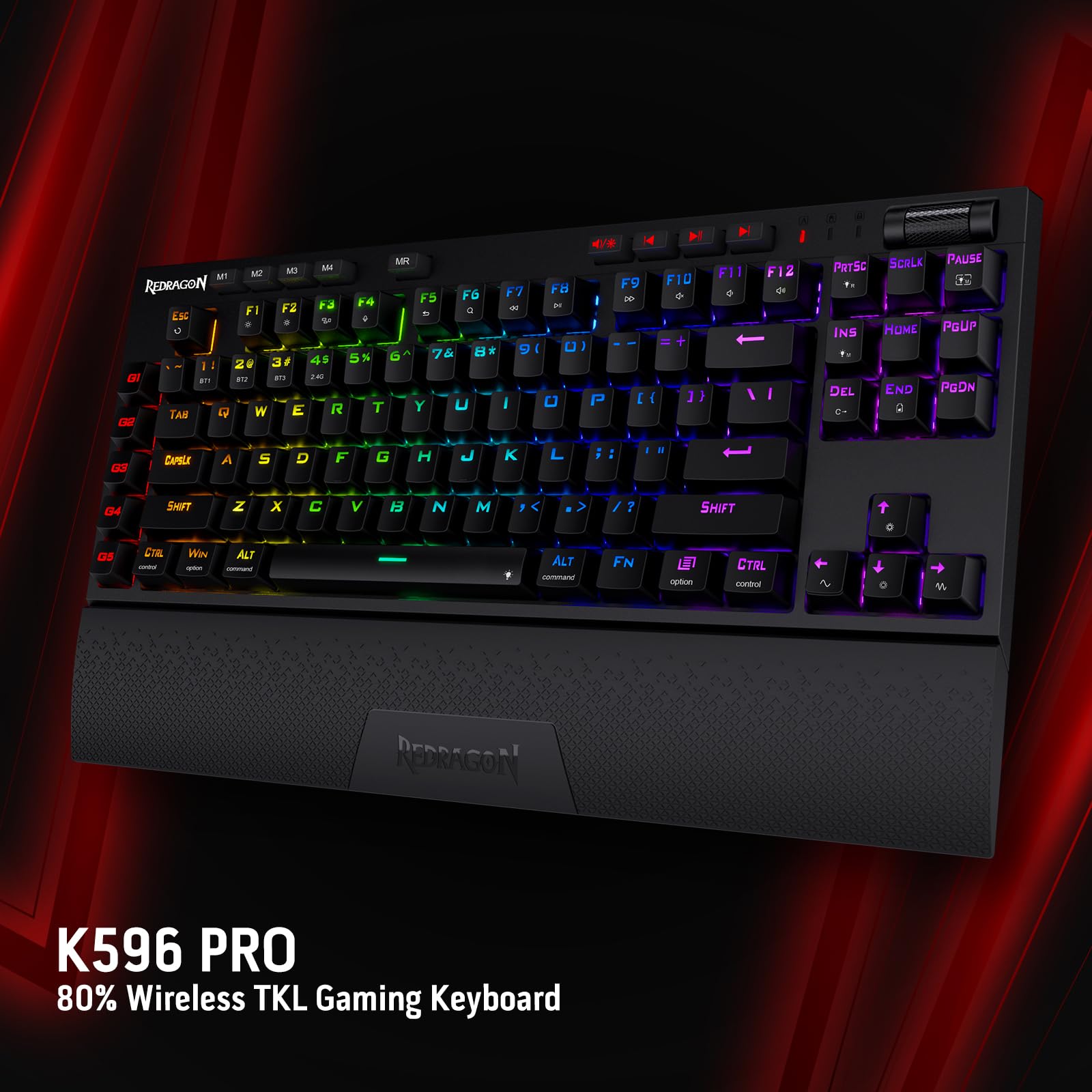 Redragon K596 Vishnu 2.4G Wireless/Wired RGB Mechanical Gaming Keyboard, 87 Keys TKL Compact Keyboard w/Durable Battery, 10 Onboard Macro Keys & Wrist Rest, 10H Play Time, Red Switches