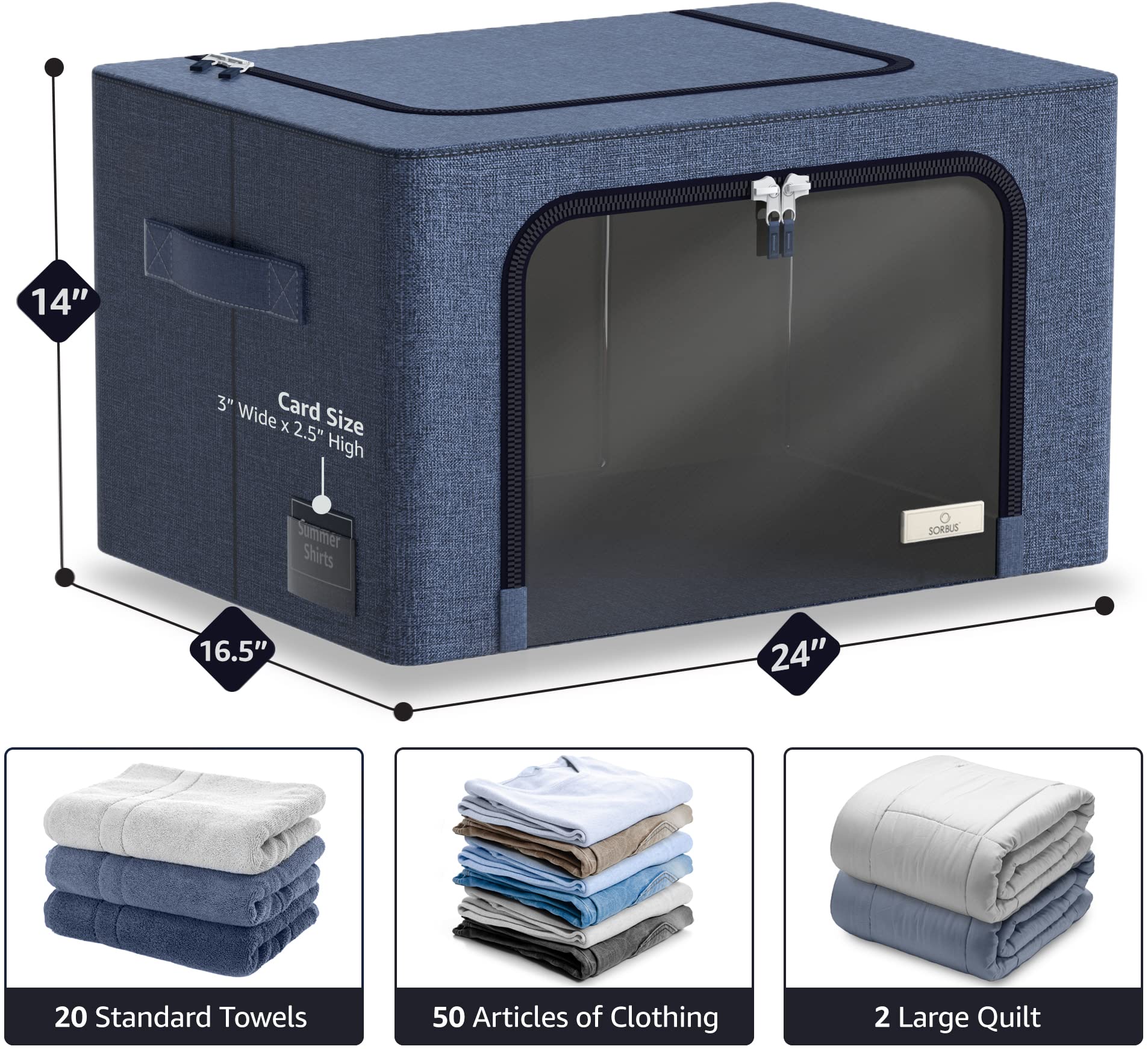 Sorbus Jumbo Storage Bins with Metal Frame - Oxford Fabric Storage Containers with Large Clear Window & Carry Handles - Stackable & Foldable Clothes Organizer Bags for Bedding Linen, Clotheing & More