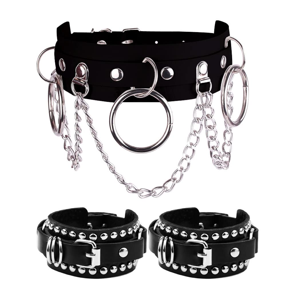 Tosmifairy 3pcs Ring Choker and Bracelets Set Goth Jewelry for Women Ladies Black Leather Collar Cuff Cosplay Accessories Costume