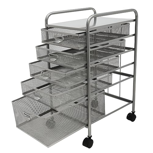 Rolling Carts with Wheels and Drawers, Metal Mesh 5 tier Rolling File Cart File Cabinet with Drawers Storage Cart, Silver