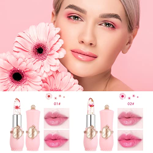 WYBLZPXZ 2Pcs Clear Crystal Flower Jelly Lipstick,PH Magic Temperature Color Changing Lipstick,Lip Gloss,Long Wear Nutritious Tinted Lip Balm,Moisturizing Lip Stick Makeup Set (Set A)