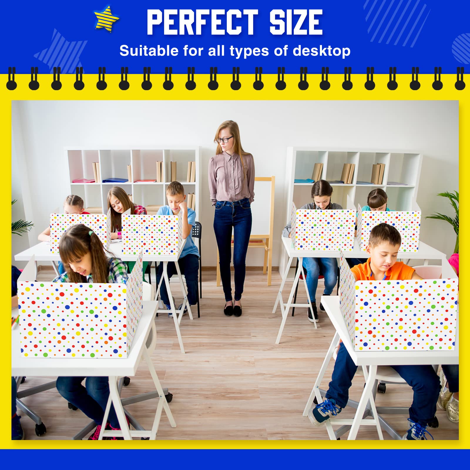 Teling Large School Privacy Boards for Student Desks Polk Dot Students Classroom Privacy Folder Study Carrel Reduces Distractions Privacy Boards for Student Desks Test Dividers 45x13.5 Inch (24 Pcs)