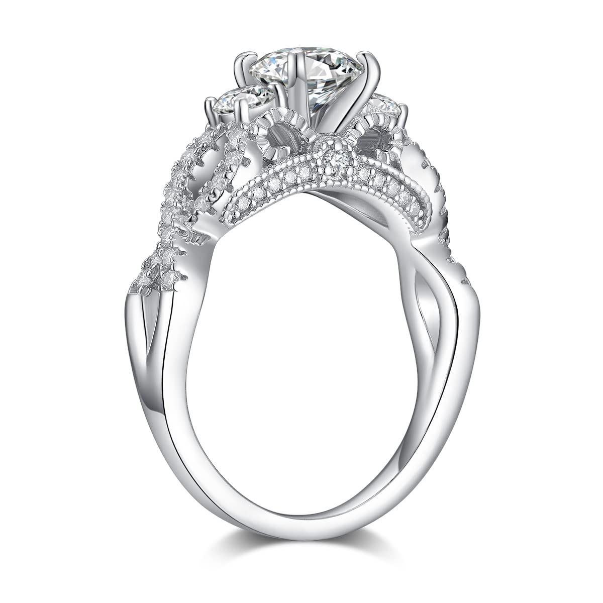 ZLAEBL 1.8CT Engagement Rings for Women, Round Three Stone Moissanite Ring White Gold Plated Silver Moissanite Rings, Twisting Wedding Rings for Proposal Wedding,7