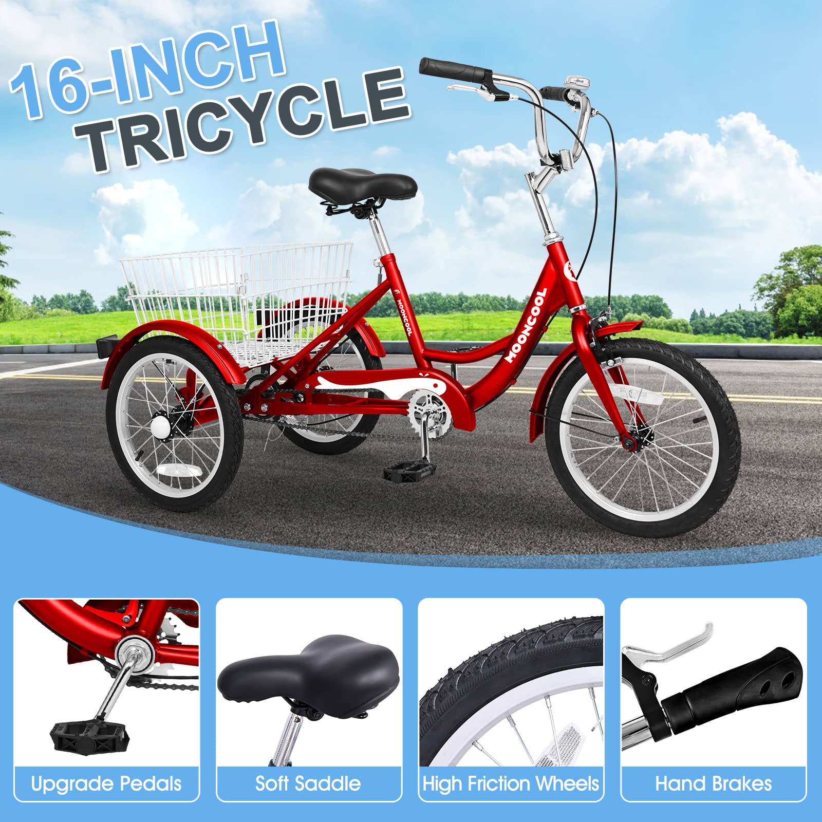 Slsy 16 inch Tricycle Trike Bike Perfect for Beginner Riders, Single Speed 3 Wheel Bikes, Three-Wheeled Bicycles with Adjustable Height and Rear Basket