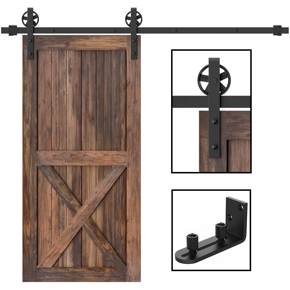 WINSOON 6.6FT Single Wood Sliding Barn Door Hardware Black Big Wheel Kit with 1 Pcs New Sliding Barn Door Floor Guides Adjustable Stay Roller Hardware Set