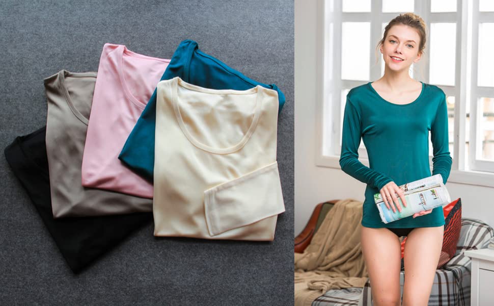 通用 Women's 100% Silk Undershirts Girl's Long Sleeve Crew Neck T-Shirts (Small, Coffee)