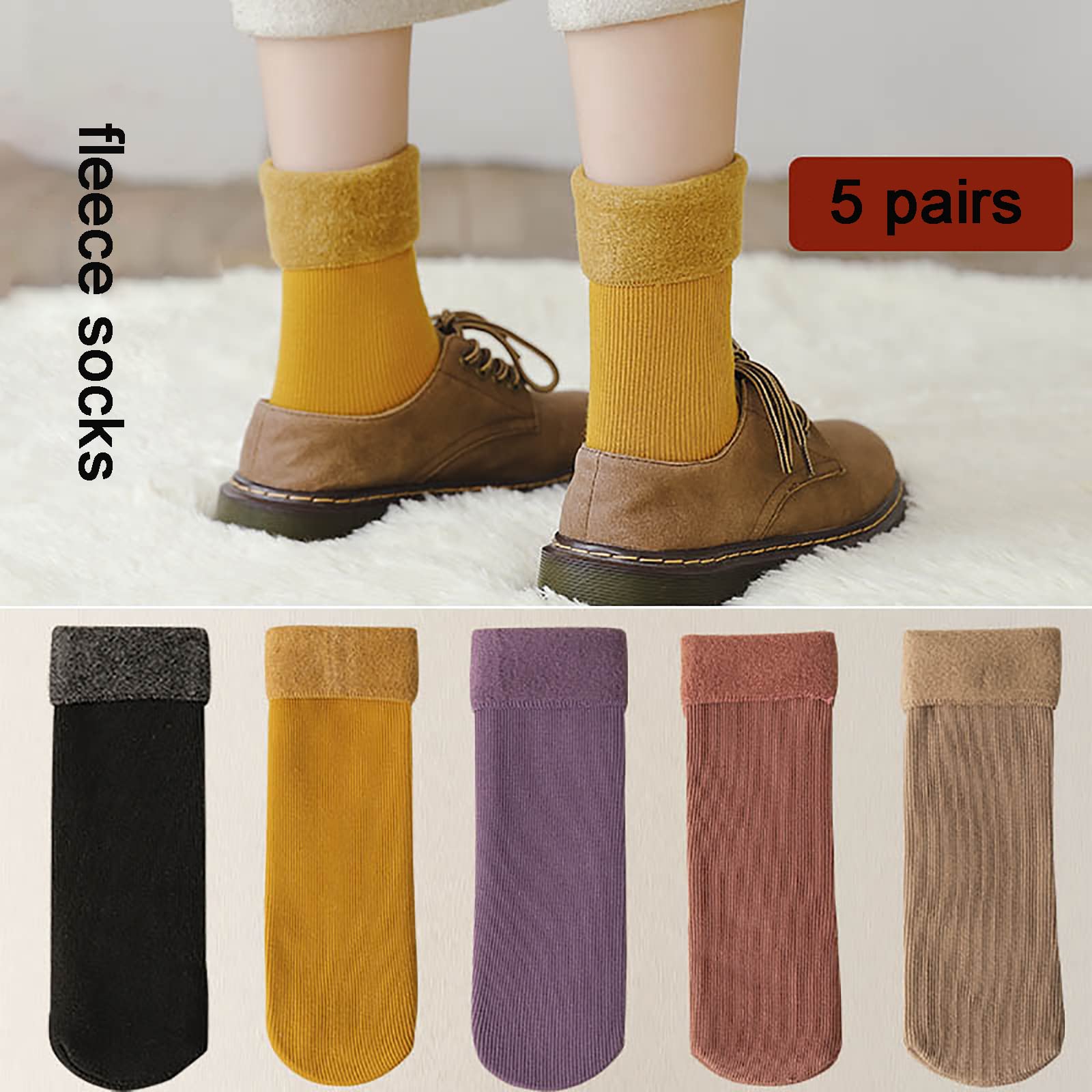 ZQFFB Winter Socks for Women 5 Pairs Warm Thick Thermal Socks Fleece Snow Socks for Cold Weather