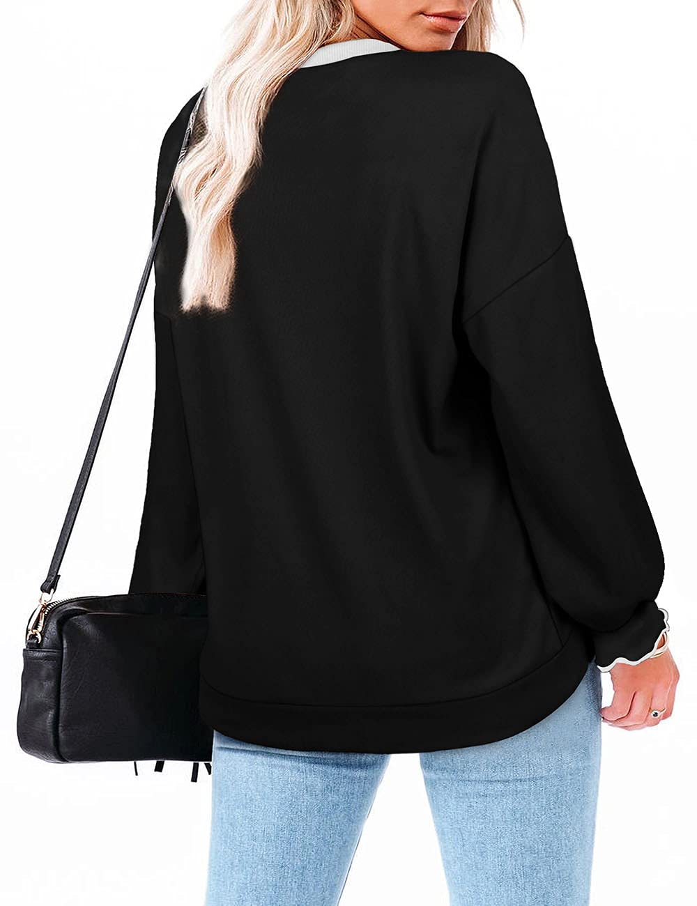 Sousuoty Black Crewneck Sweatshirt Women Cute Oversized Sweaters Color Block S