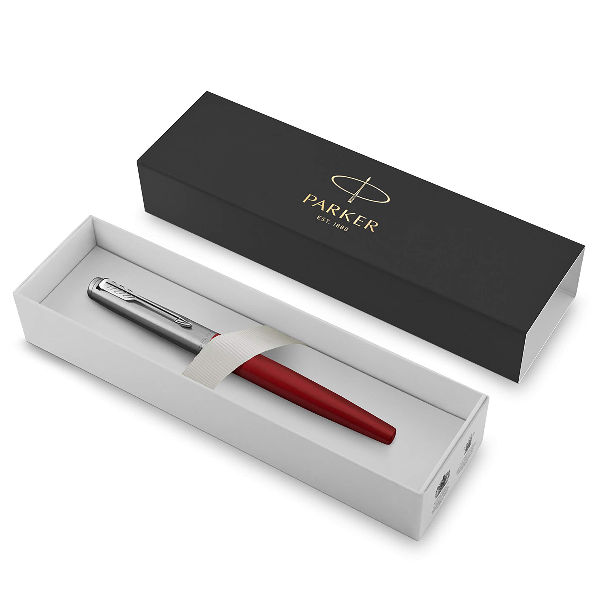 Parker Rollerball Pen, Jotter Kensington Red Rollerball Pen, Chrome Trim, Fine Tip, Black