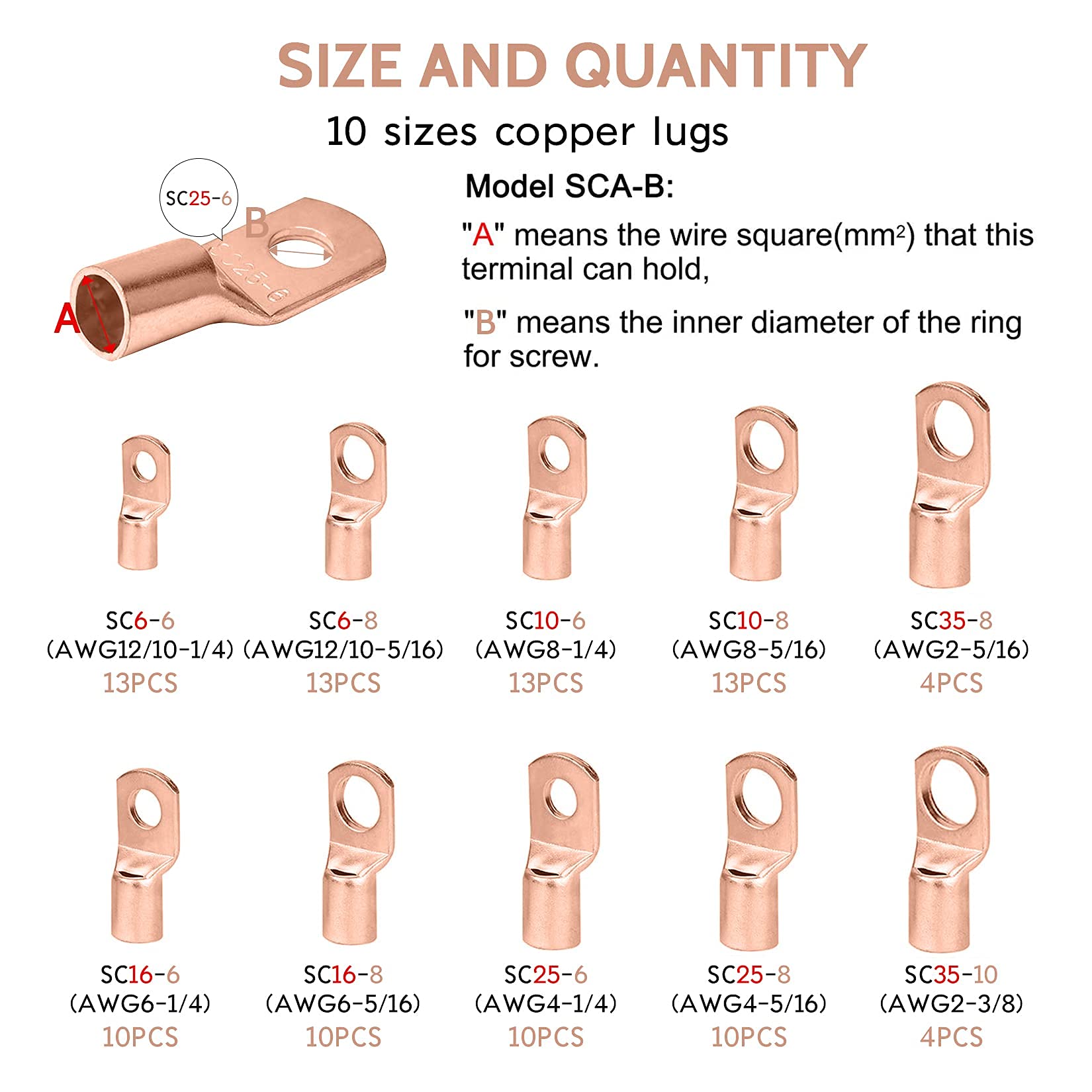 Tsinglax 200Pcs Copper Wire Lugs [AWG2 4 6 8 10 12] with Heat Shrink Set, 100Pcs Battery Cable Lugs Battery Cable Ends Ring Terminals Connectors with 100Pcs Heat Shrink Tubing Assortment Kit