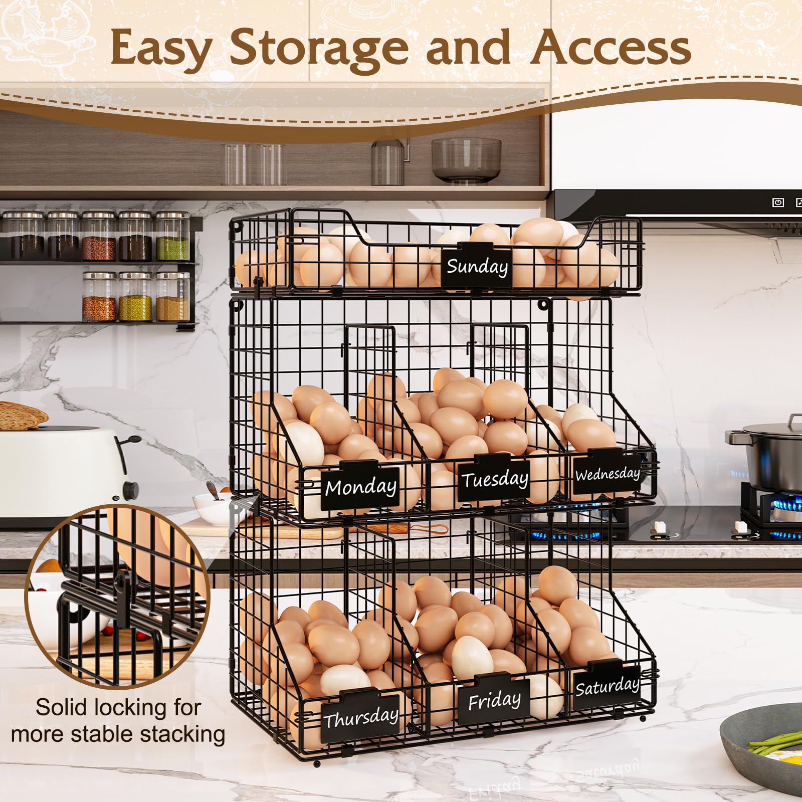 X-cosrack Fresh Egg Holder Countertop, 3 Tier Egg Rack with 4 Dividers to Separate Eggs for A Week, Stackable Wire Baskets for Storing Fresh Eggs, Large Egg Dispenser for Countertop/Wall-Mounted