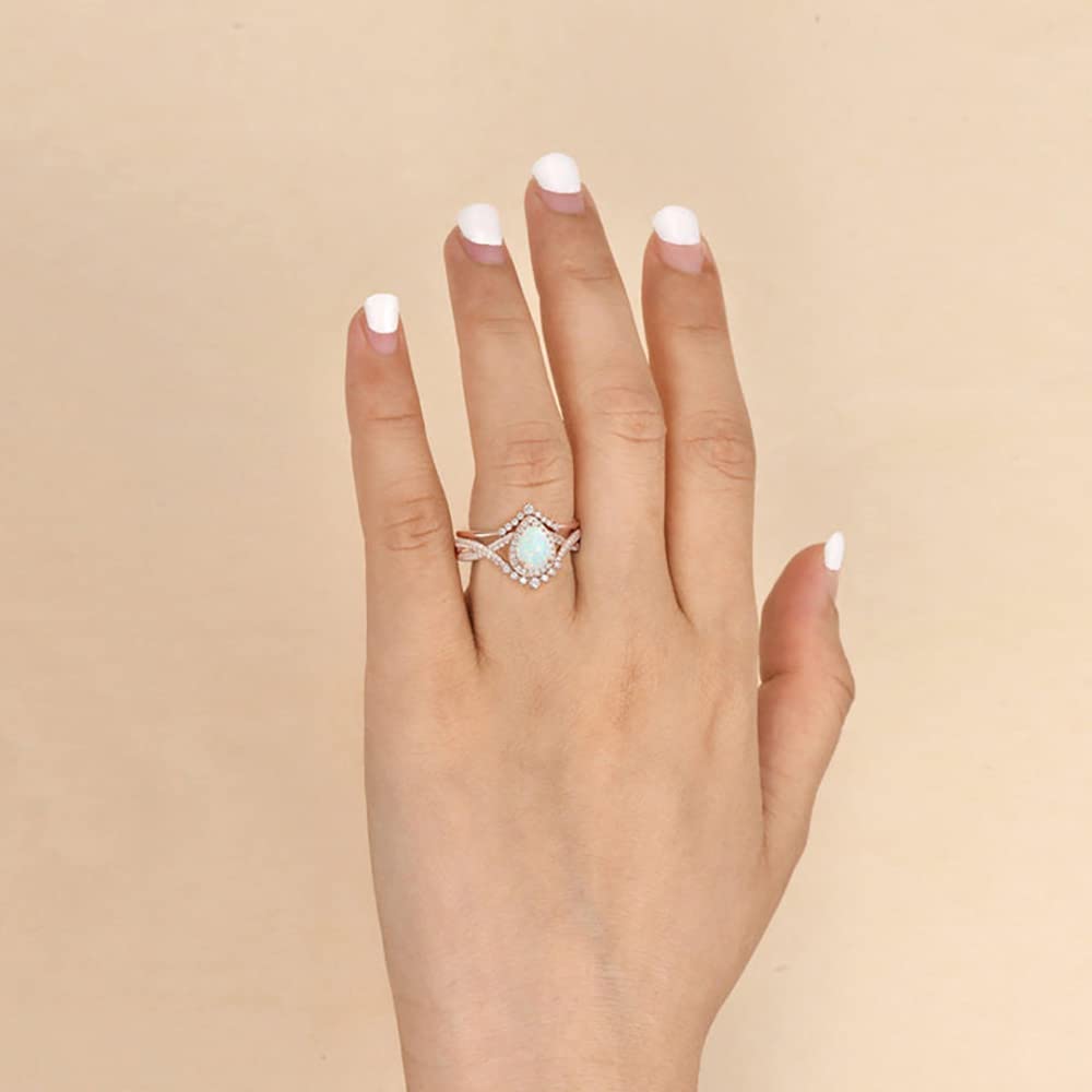 YDD 18k Rose Gold 1.5ct Pear Shaped Opal Engagement Rings for Women Opal & Moissanite Bridal Set Vintage Halo Infinity Ring Set 2pcs Inspired V Shaped Wedding Band Anniversary Free Engraved