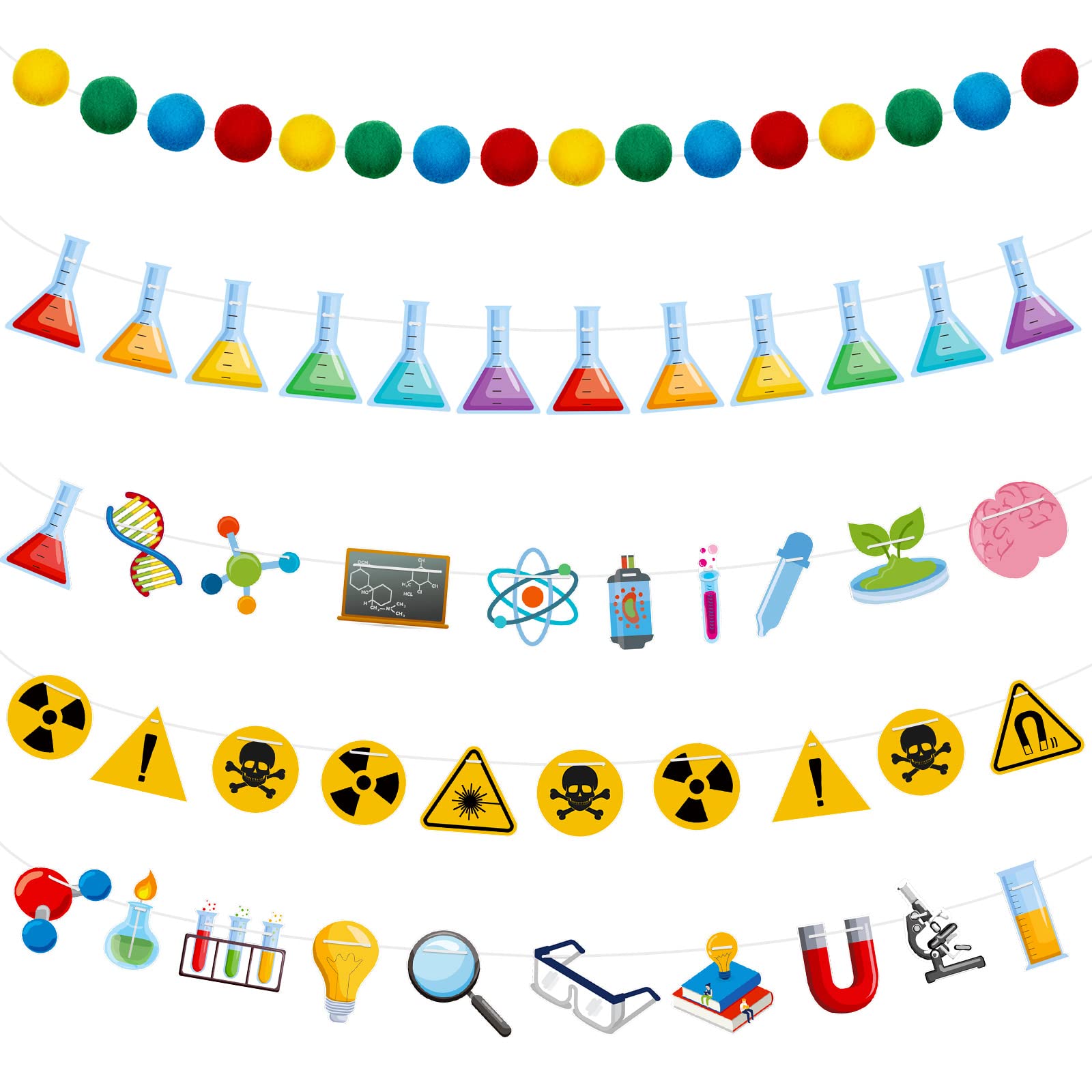 Wettarn 5 Pieces Science Party Decorations Science Banner Science Birthday Party Decorations Felt Ball Garland Colorful Pom Pom Garland Chemistry Lab Hanging Garland Banner for Home School Classroom