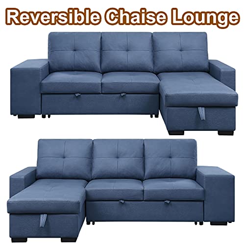 Sectional Sofa with Pull-Out Sleeper, HABITRIO Solid Wood&Blue Fabric Upholstered 97" L-Shaped Sofa Bed&Reversible Storage Chaise Lounge, Side Table Armrest w/ 2 Ottoman, Seating Couch for Living Room