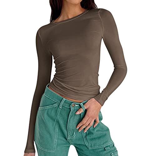 Women Spring Slim Fit Long Sleeve T Shirts Y2k Crewneck Solid Basic Tees Athletic Tight Crop Top Fashion Streetwear Khaki