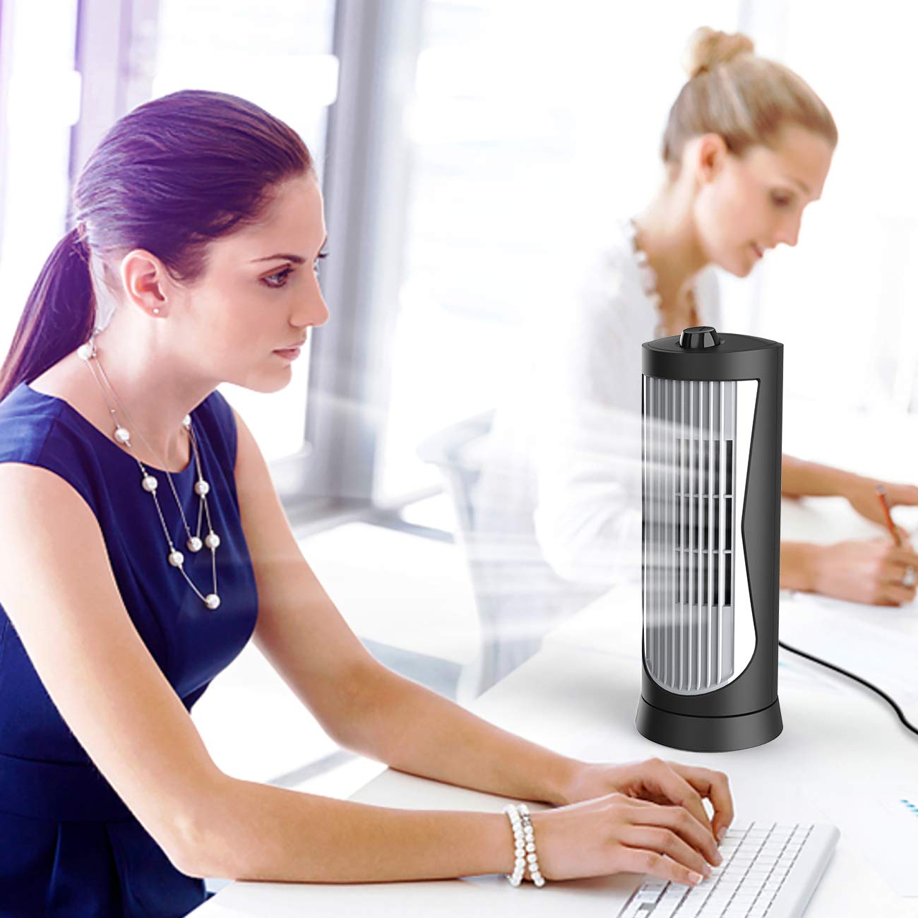 Small Tower Fan, Cooling Fan, 13 inch Desk Fan Electric Oscillating Tower, 2 Settings, Turbine Technology, Rotating Standing Fan for Home Office Tabletop