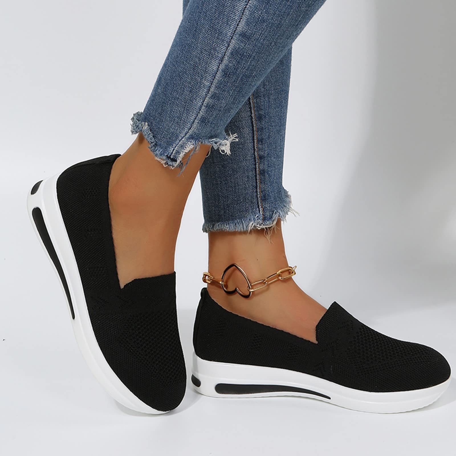 Slip On Sneakers Women Mesh Knit, Ladies Fashion Solid Color Mesh Breathable Thick Sole Comfortable Casual Future Foam 3 F-Black