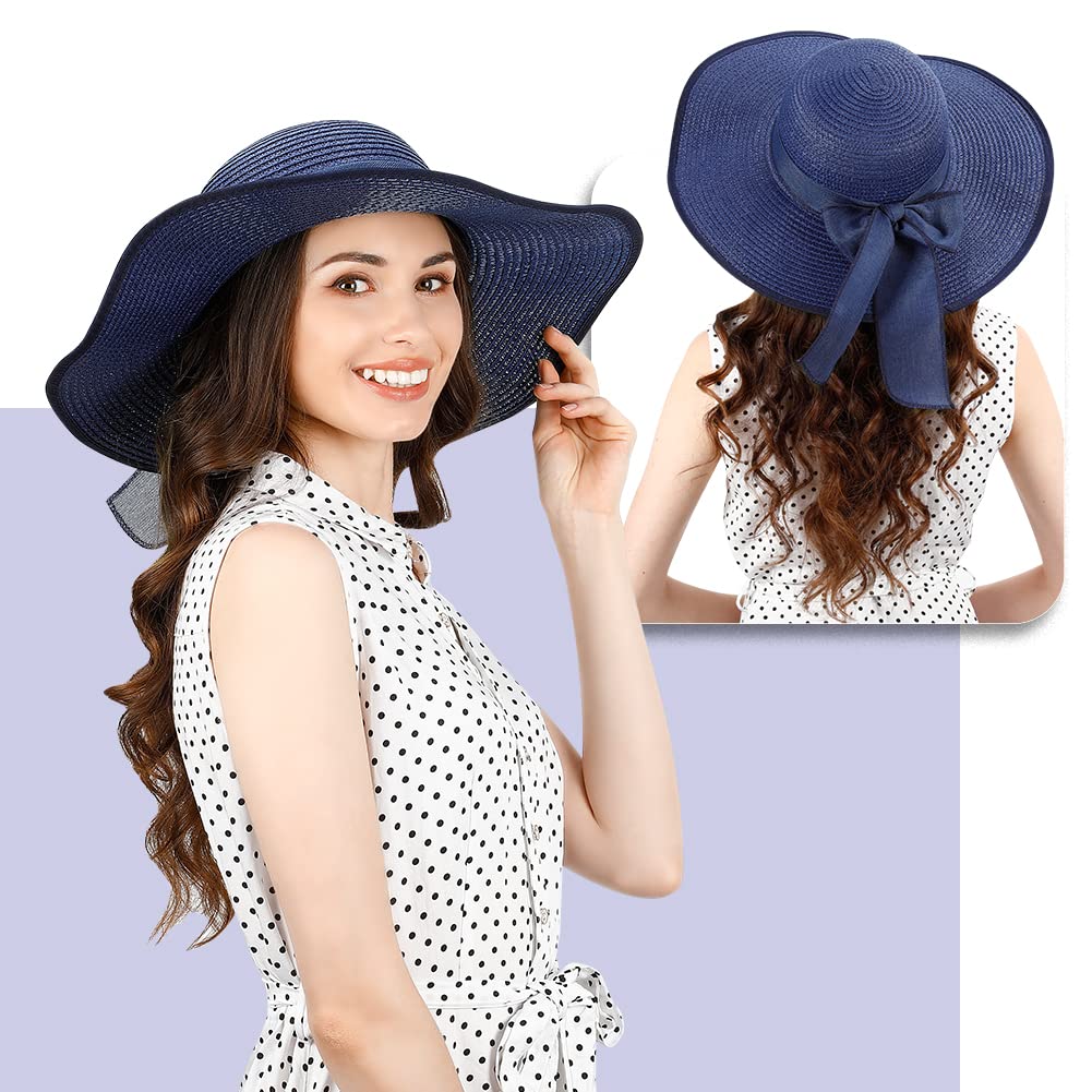 Women Straw Beach Sun Hat: Large Summer Floppy Sunhat with Wide Brim for Ladies - Foldable & Packable UV Protection UPF 50 Hat (Navy)