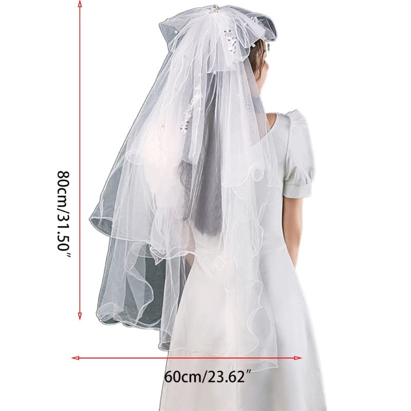 ZLXDP Wedding Veil with Big Bow Hair Accessories for Brides Multi-Tier White Sheer Tulle Curly Edge Short Length Headwear
