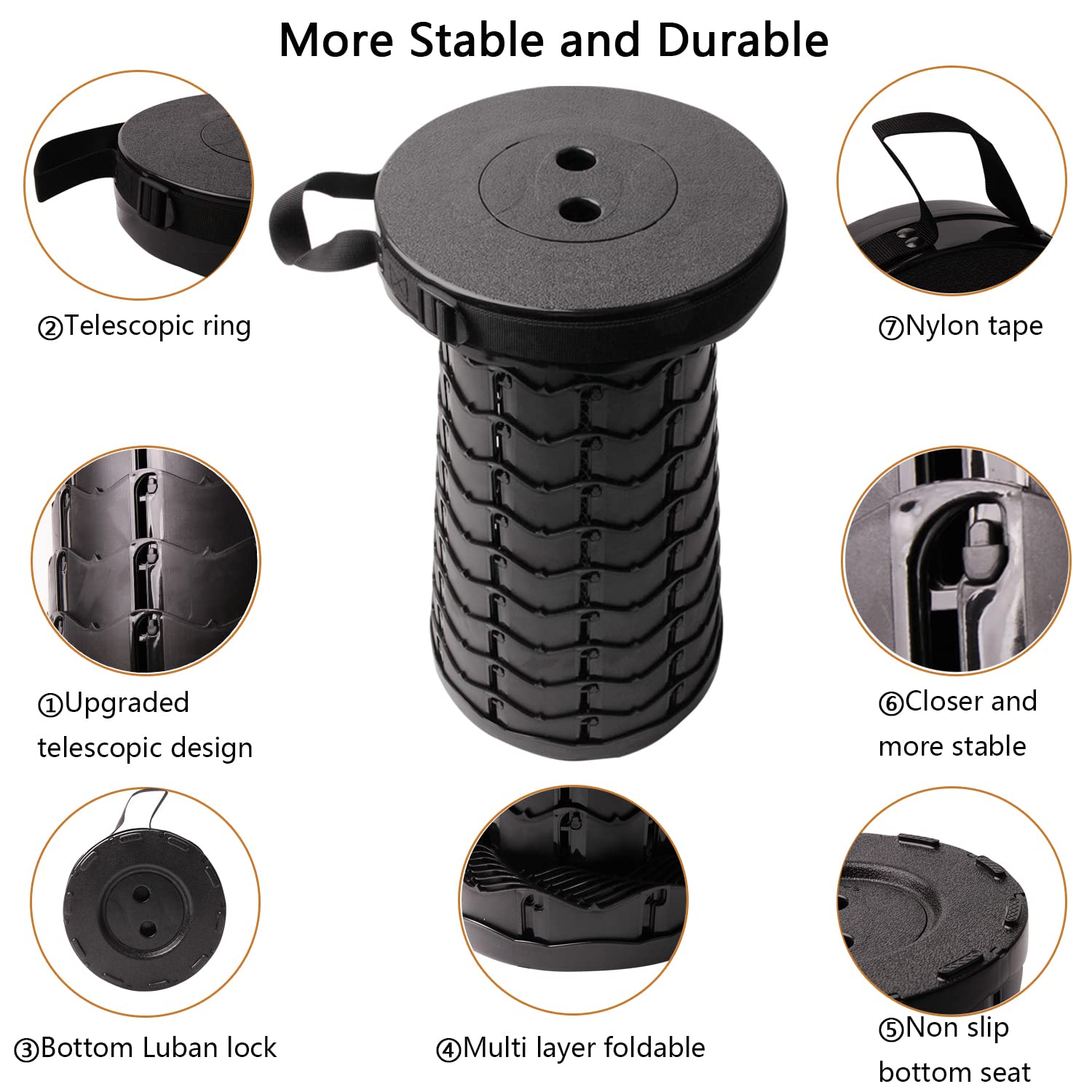 Upgraded Telescoping Stool Collapsible Stool with Seat Cushion & Bag, Retractable Folding Camping Stool for Adults Max Load 500lb More Sturdy Lightweight for Fishing Hiking Gardening (Black-s)