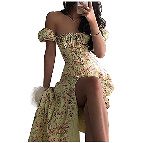 Women's Square Collar Dress Floral Printed High Split Maxi Dress Puff Short Sleeve Long Dress for Summer Beige