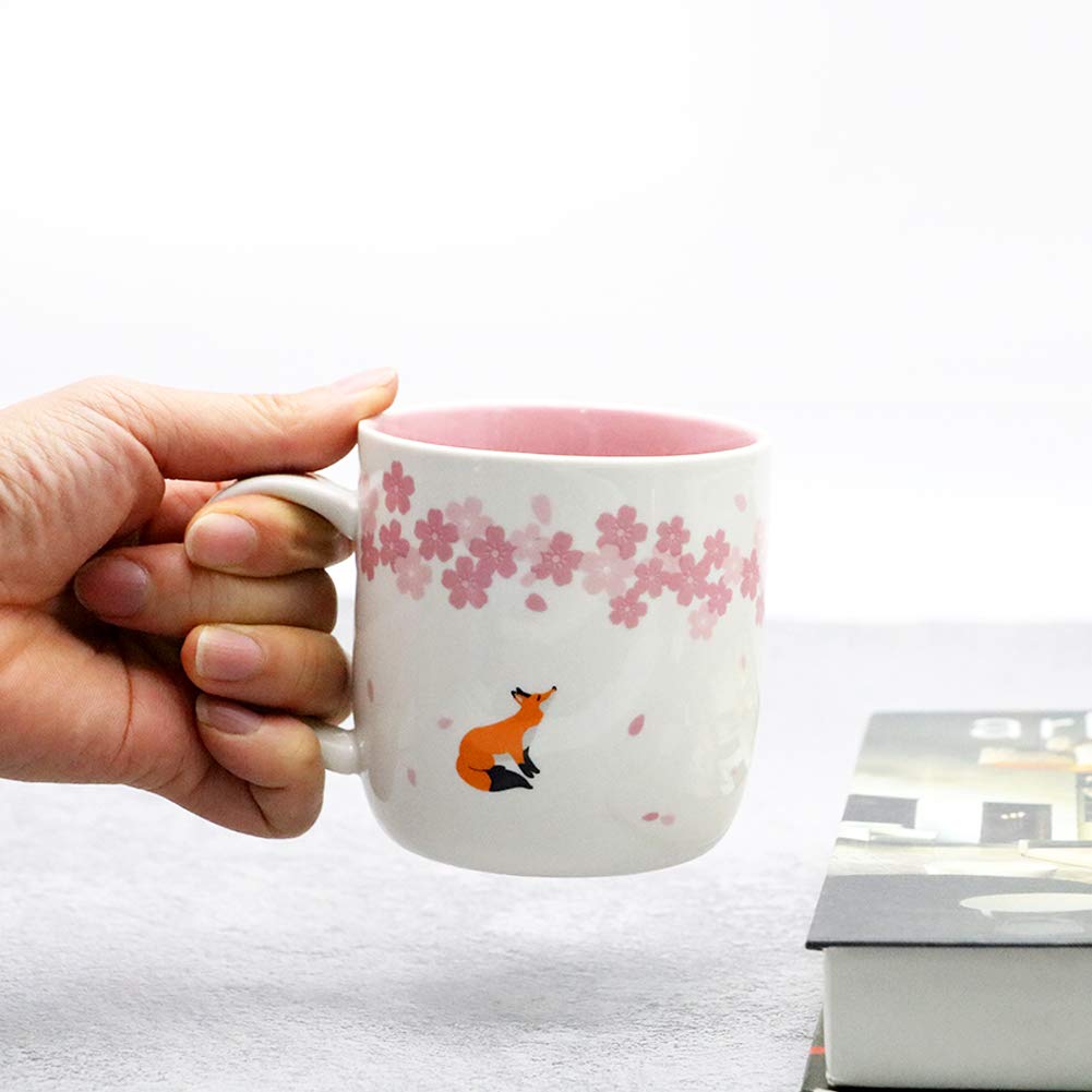 Teagas Elegant Pink Cherry Blossom Fox Ceramic Fox Coffee Mug Cup, Gift for Friend Teacher Cousin