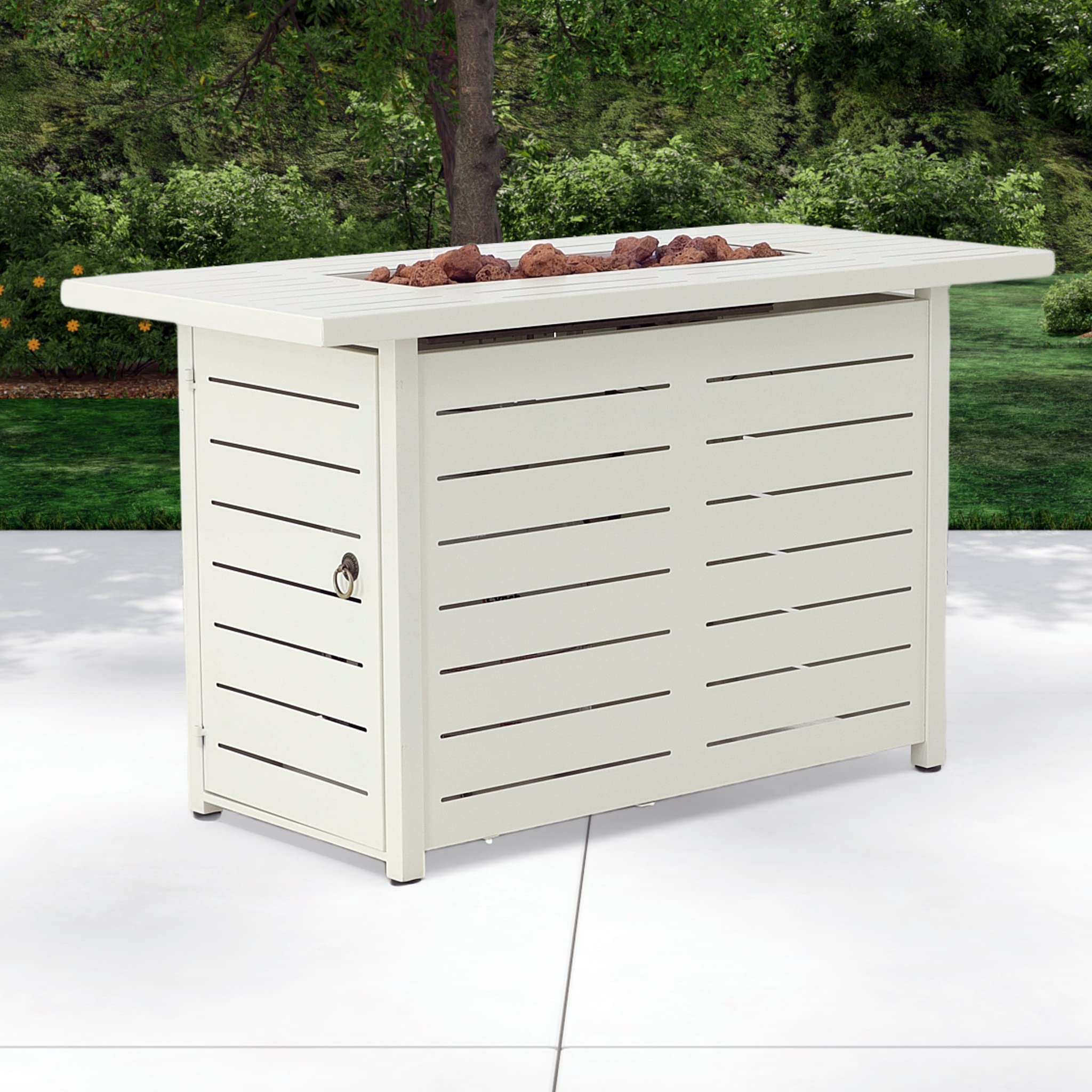 Propane Fire Pit - Outdoor Patio - Fire Pit Table - Stainless Steel Burner Patio Heater with Lava Rocks and Table Insert - 42-inch Rectangular - Steel Slats with 40,000 BTU - Cream
