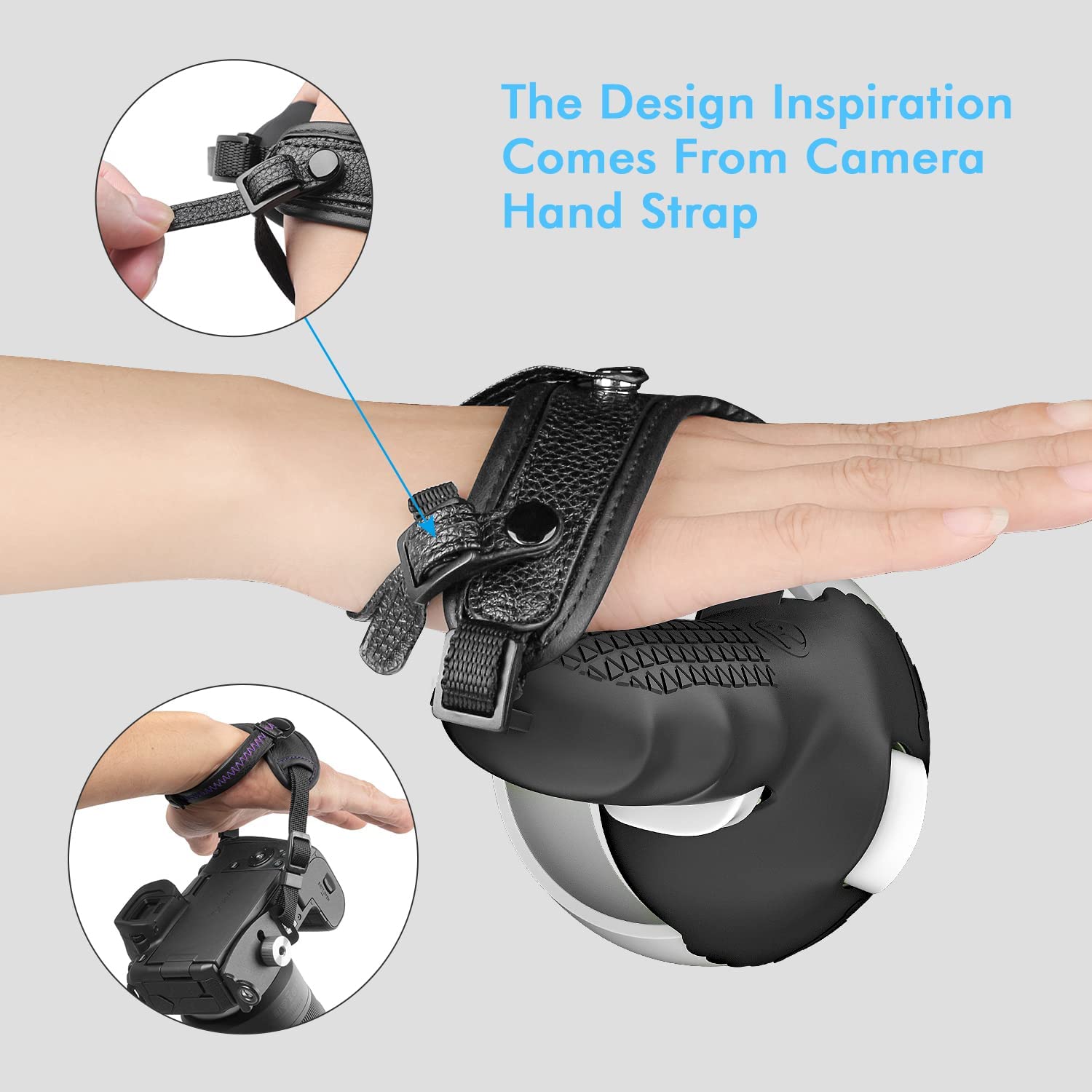 Touch Controller Grip Leather Cover for Oculus Quest 2, EWalos Double Protection Anti-Throw Silicone Handle Cover with PU Leather Knuckle Strap, DSLR Hand Strap Style Design(Black, 1 Pair)