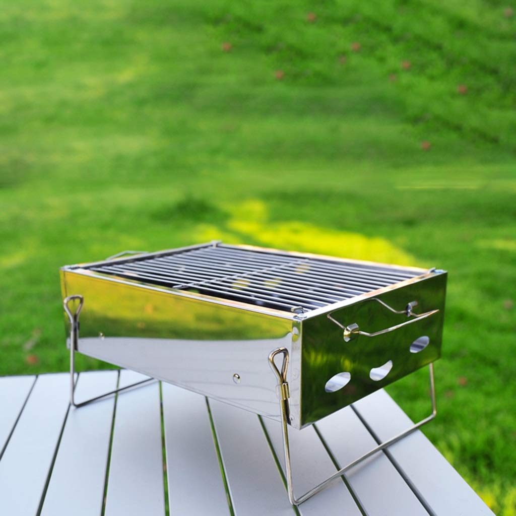QIAOLI Charcoal Grill Barbecue Portable BBQ - Stainless Steel Folding Grill Tabletop Mini Outdoor Smoker BBQ for Garden Backyard Camping (Color : Silver)