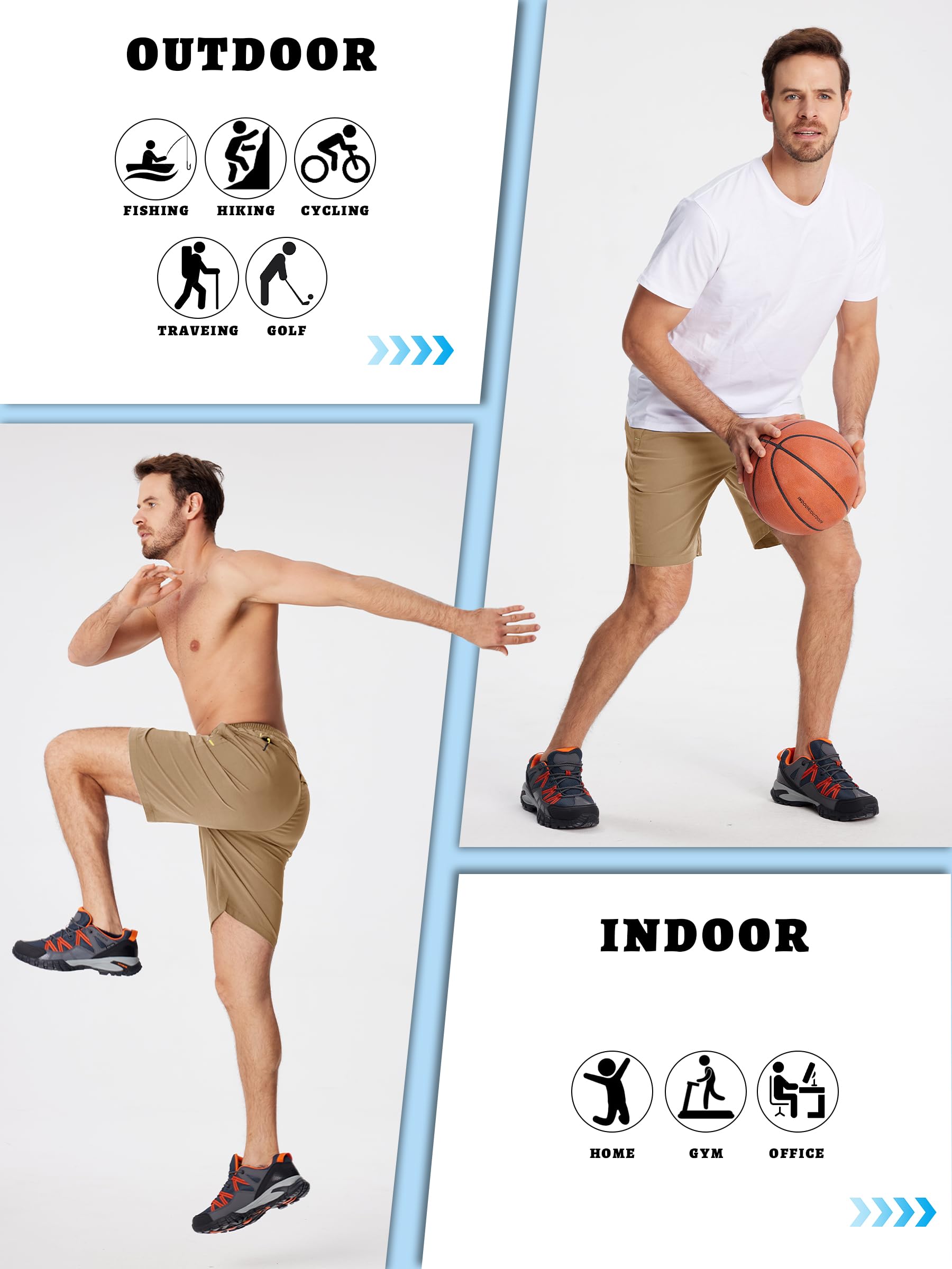 TACVASEN Athletic Shorts for Men Lightweight Quick Dry Running Gym Basketball Hiking Khaki Short with 3 Zipper Pockets
