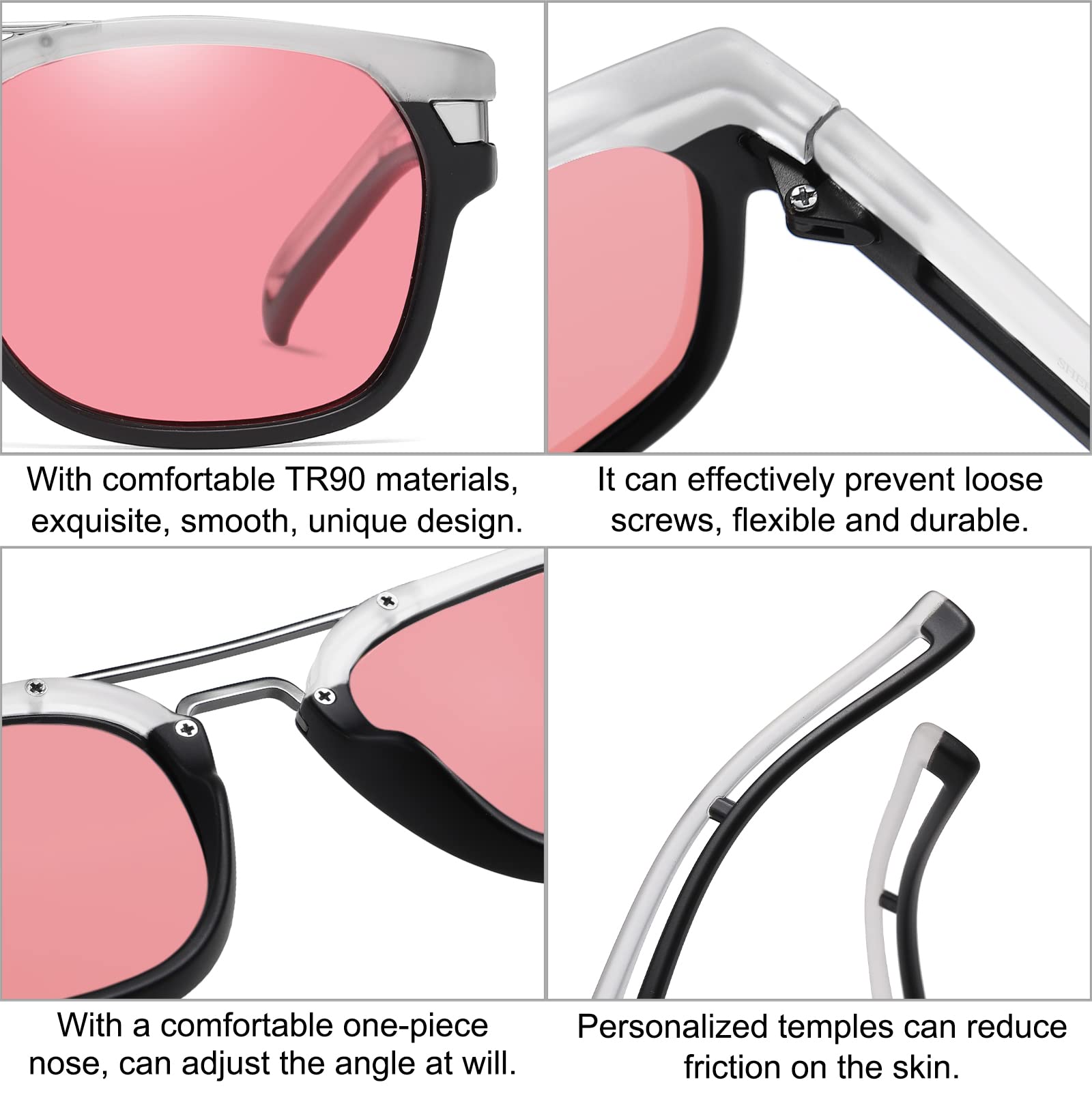 SHEEN KELLY Polarized Square Sunglasses for Men Women Retro Rectangular TR90 Frame Red Pink Tinted Lens Eyewear