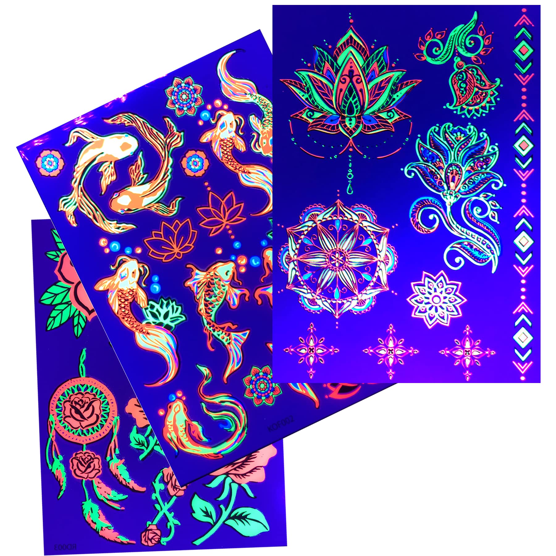 Temporary Tattoos โ 3 Sheets Tattoo Design Body Art Blacklight Reactive Light Festival Accessories Glow in the Dark Party Supplies | 7.2โ x 5.2โ Temp Tattoos Great for EDM EDC Party Rave Parties