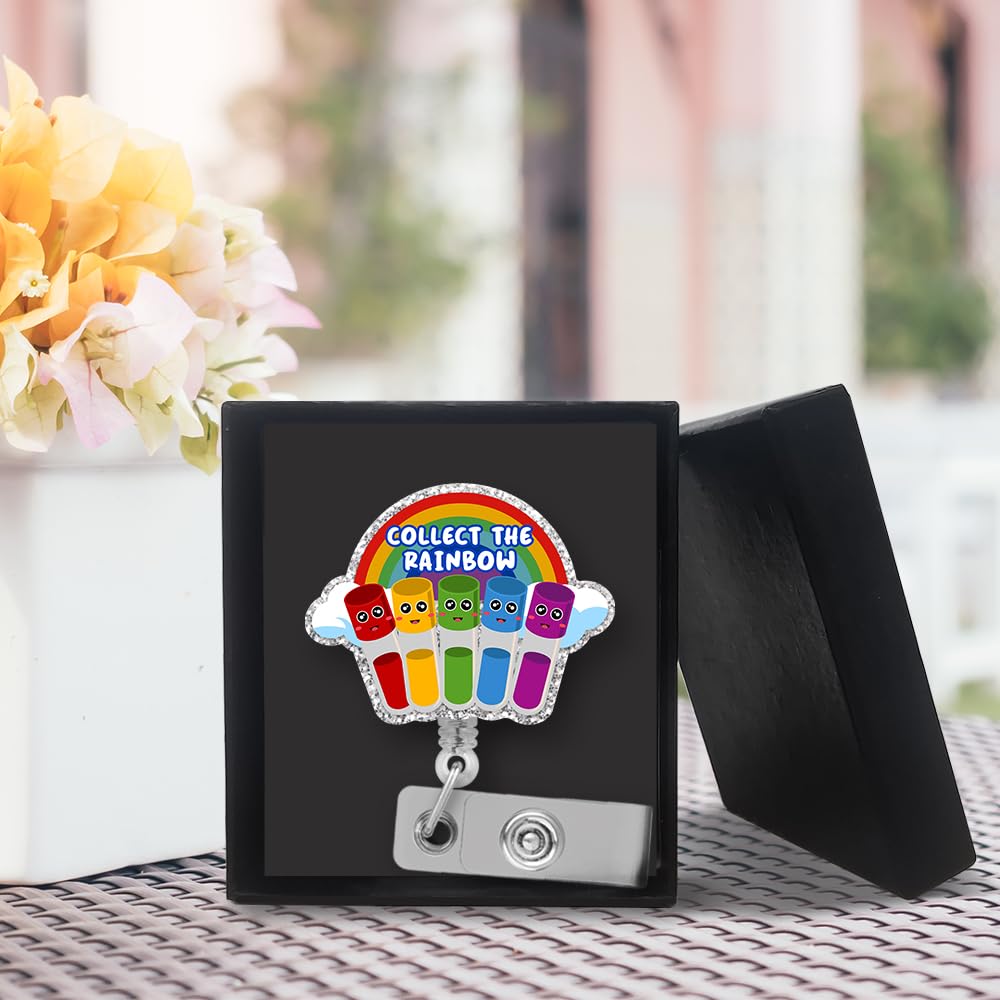 QYUVK Retractable Collect The Rainbow Badge Reel with Alligator Clip, Funny Silver Glitter Phlebotomy Tech Blood Draw Badge Holder Gift for Doctors Nurses Lab Tech Phlebotomist