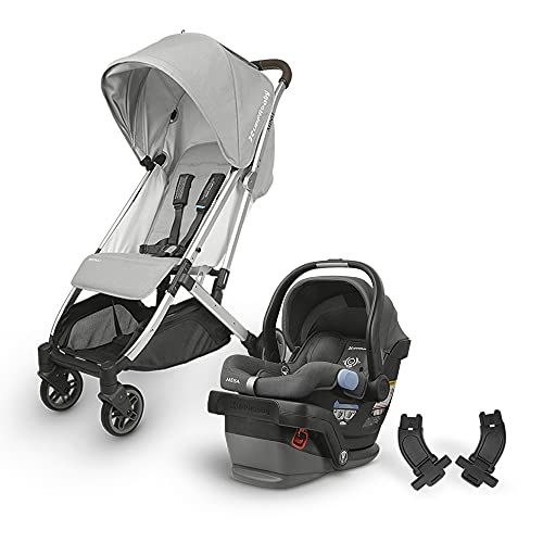 UPPAbaby Minu Stroller - Devin (Light Grey Melange/Silver/Chestnut Leather) + Minu Infant Car Seat Adapter for MESA + Mesa Infant Car Seat - Jordan (Charcoal Melange)
