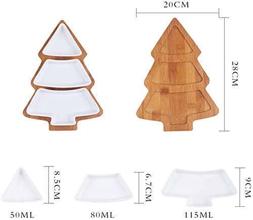 White Christmas Tree Plates Chip & Dip Set, 11 Inches Christmas Ceramic Snack Plate with Bamboo Tray, Removable Porcelain Tree Appetizer Dessert Fruit Salad Saucers Bowl, Cutlery Platter Serving Dish