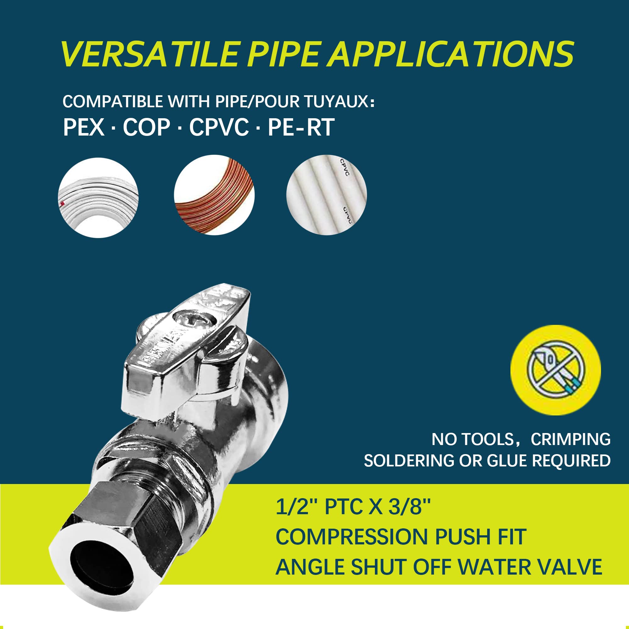 Straight Shut Off, 6-Pack Push Fit Water Stop Valve 1/2" Ptc x 3/8" Compression with Disconnect Clip, Push-to-Connect, PEX, Copper, CPVC, PE-RT, 1/4 Turn ON/Off, Safe Brass Material (6 pcs)