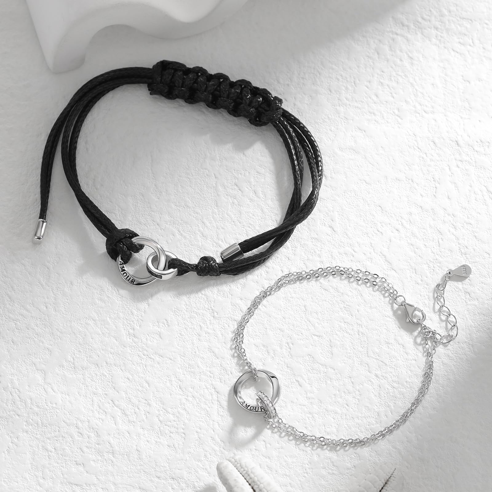 Vxddy Couples Bracelets Promise Matching Bracelet Interlocking Infinite French-Language Love Sterling Silver Couple Adjustable Jewelry Gift