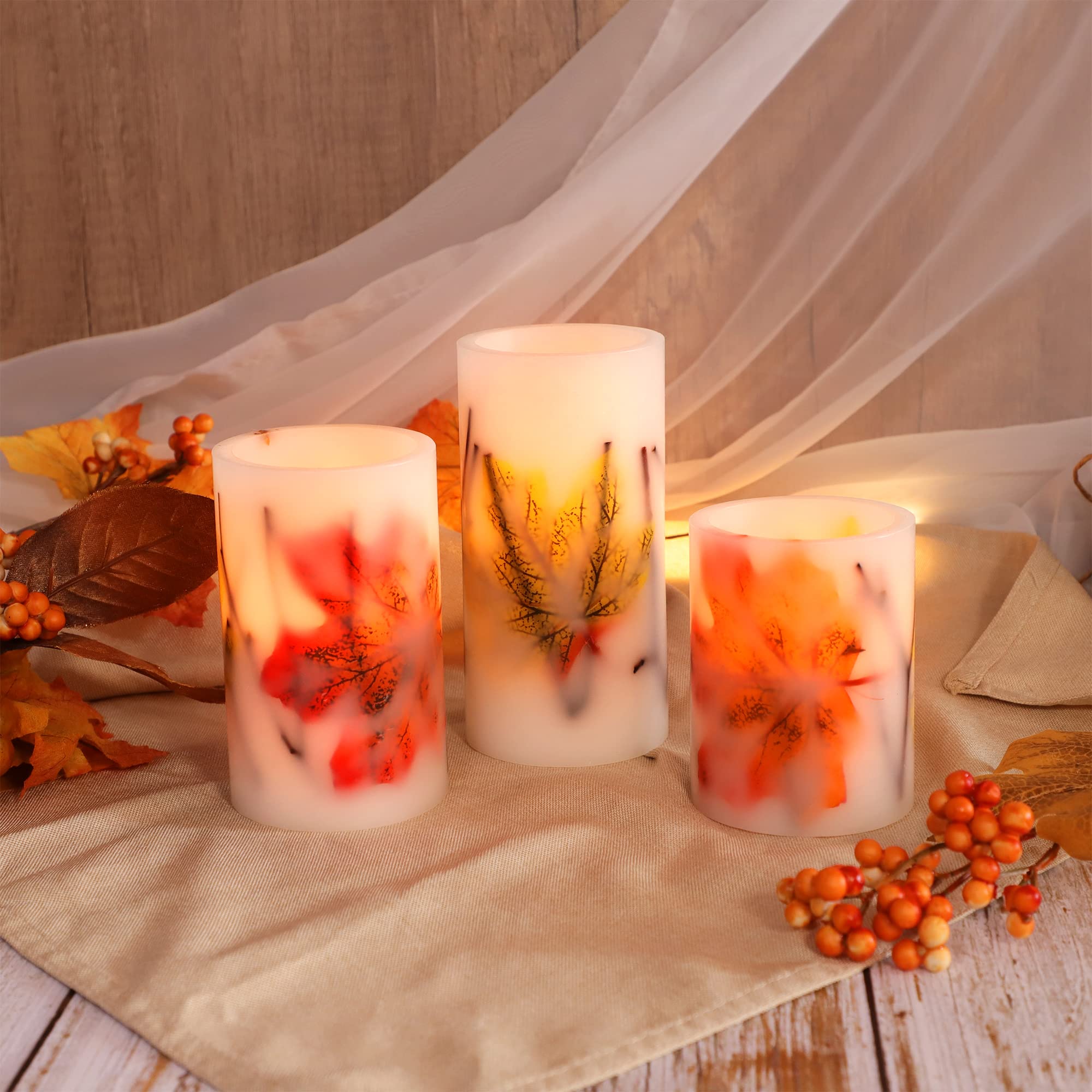 PETRISTRIKE Fall Flameless Candles, Autumn Maple Leaf Led Candles with Remote & Timer, Realistic Flickering Real Wax Candles for Harvest Festive, Thanksgiving Day, Party Decorations