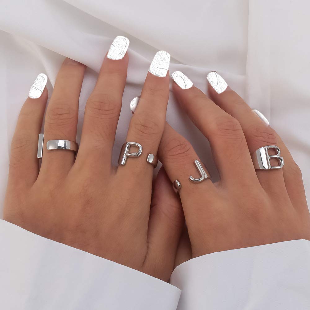 TOOPNK Initial Rings Letter Rings for Women Chunky Adjustable Rings Women Statement Rings for ladies' decorative gifts.Silver-M