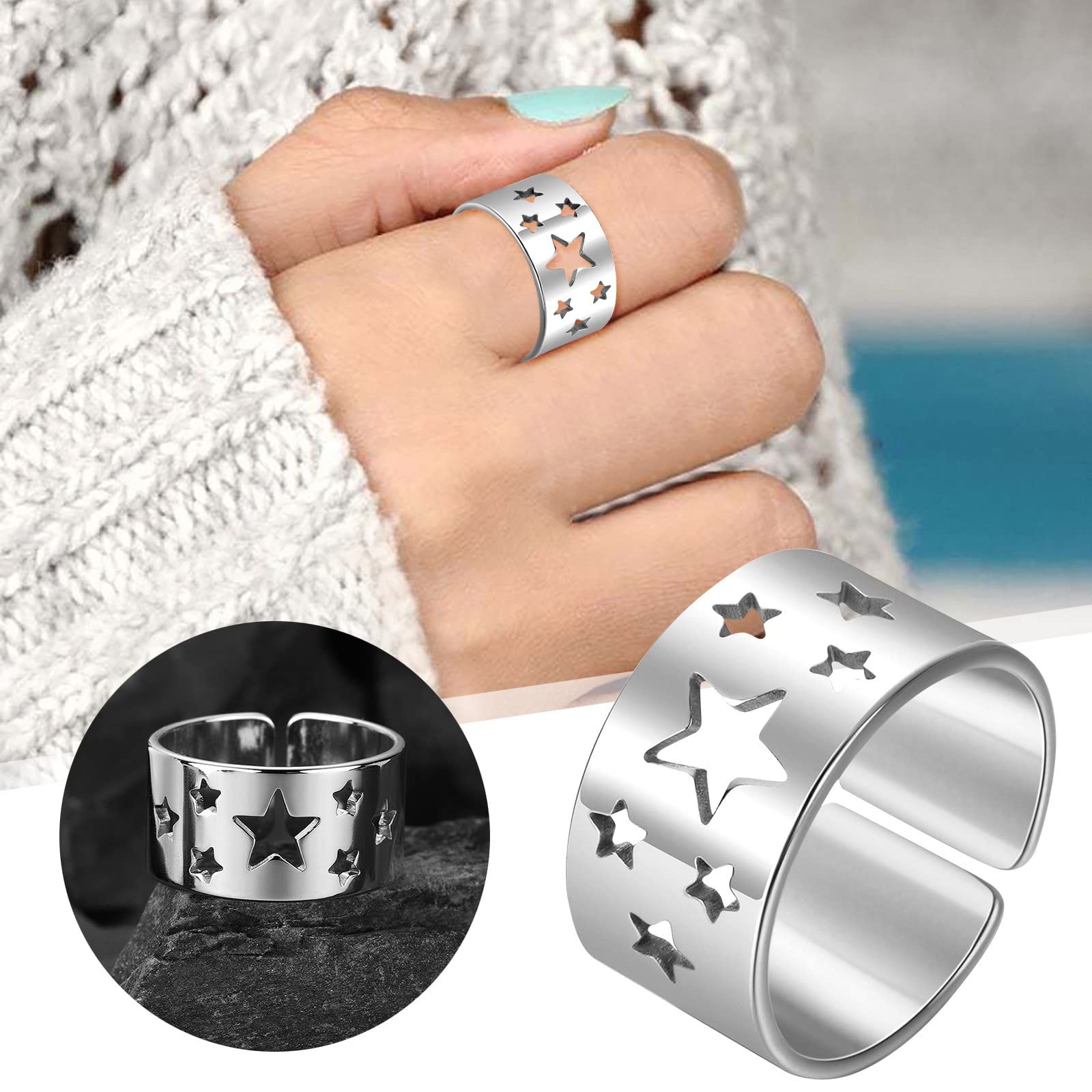 Women Trendy Statement Y-2K Jewelry Hollow Out Star Heart Rings For Women Men Splice Open Adjustable Couples Rings