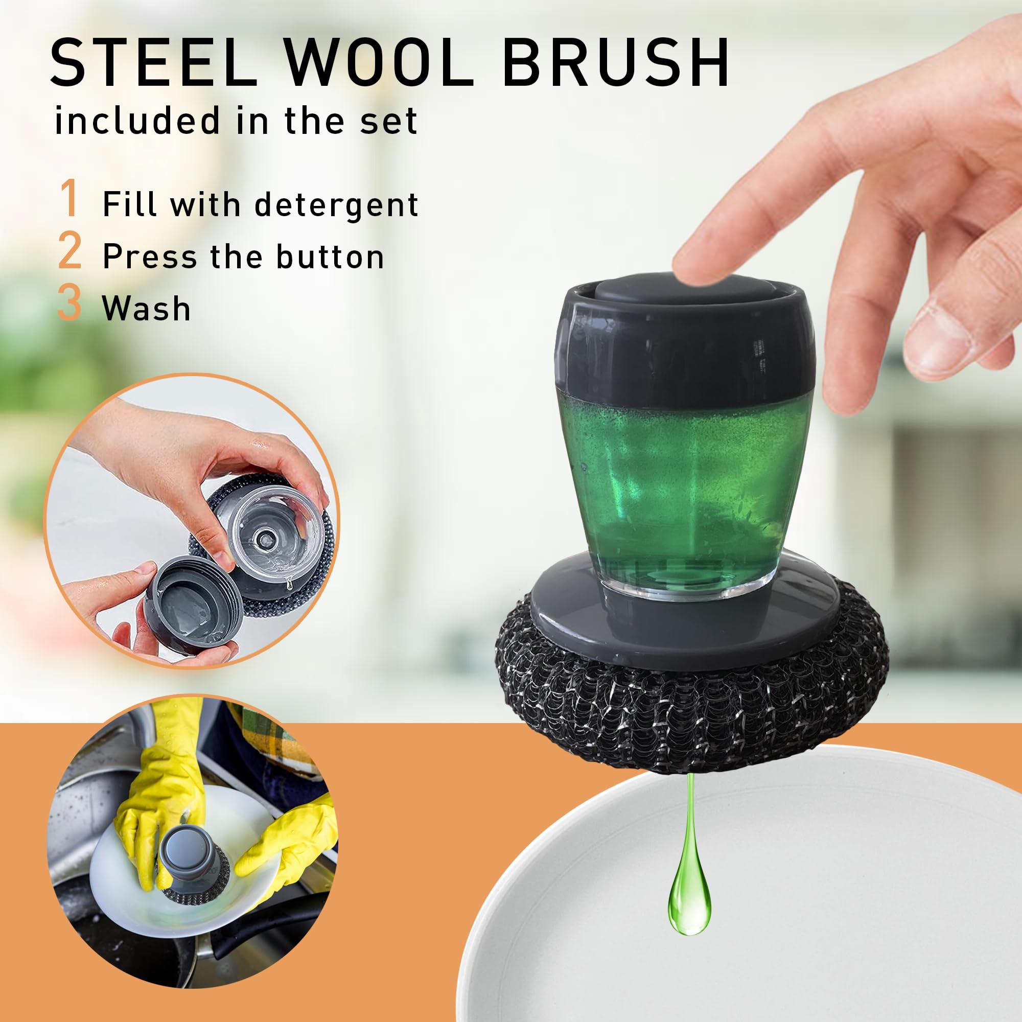 Sink Caddy Organizer with Steel Wool Brush Included, Sponge Organizer for Kitchen Sink, Dish Soap and Sponge Holder for Kitchen Sink, Kitchen Sponge Organizer with Auto Drain Train