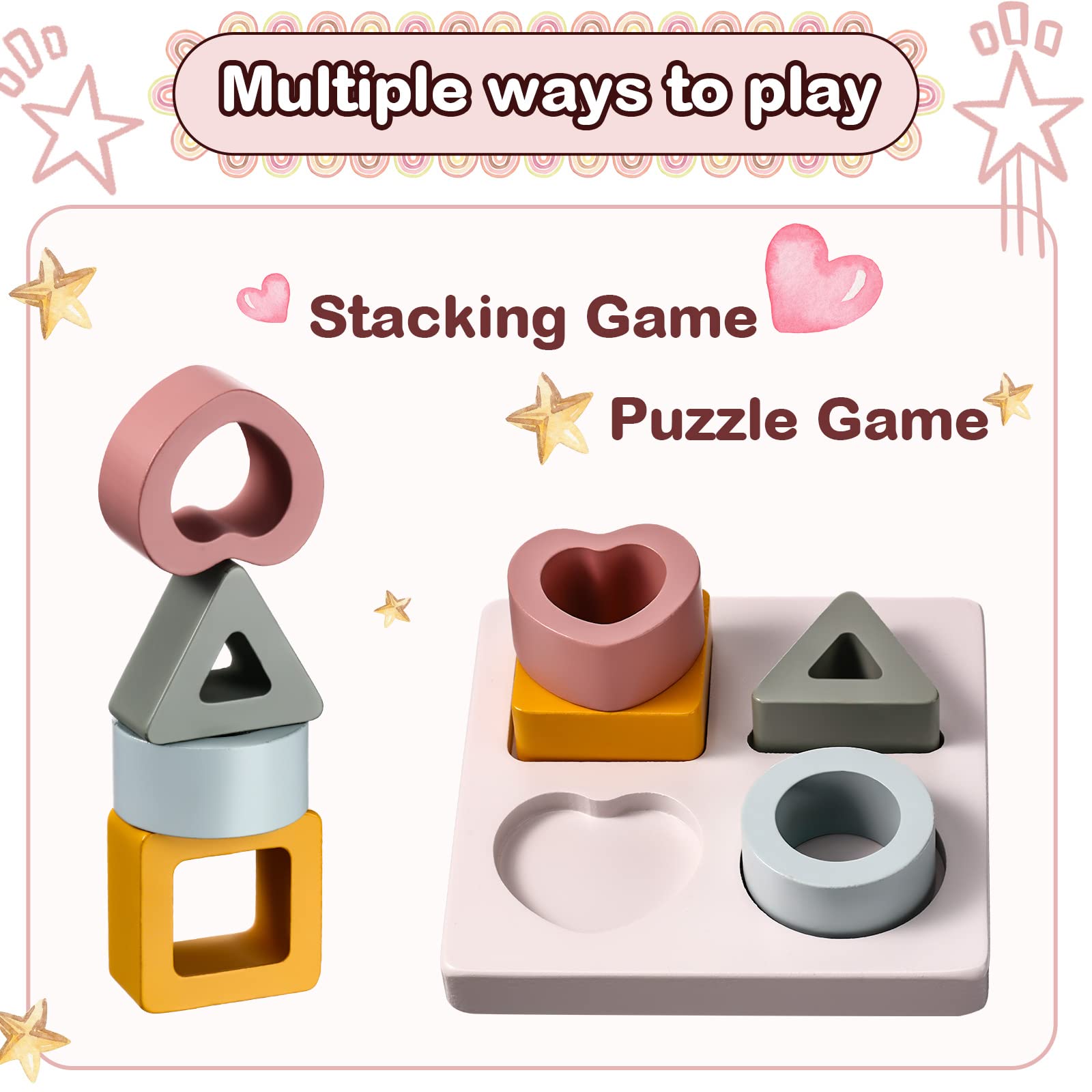 Zomiboo 2 Pack Wooden Stacking Building Blocks Shape Sorter Puzzle Sensory Cognitive Development Toys Sorting and Stacking Toys for Early Education Learning