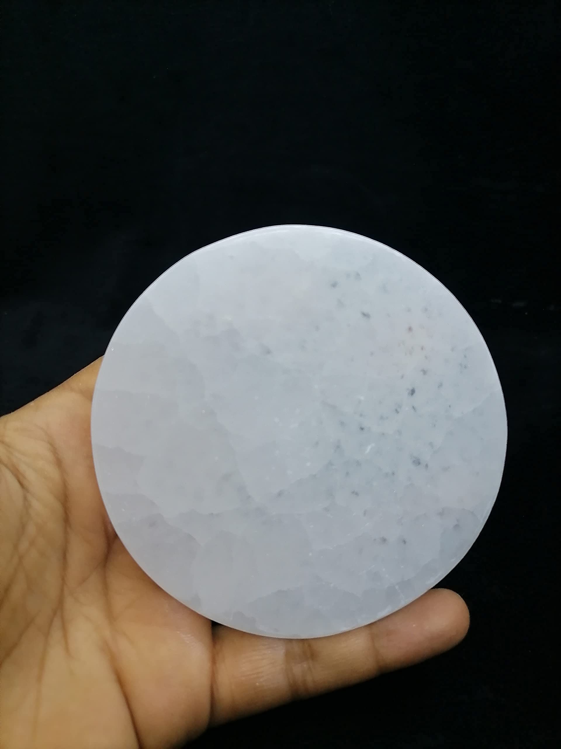 Selenite Circle Plate Laser Engraved Three Design, Cleans and Remove Negative Energy, Size 10×10 cm 240 gr, White