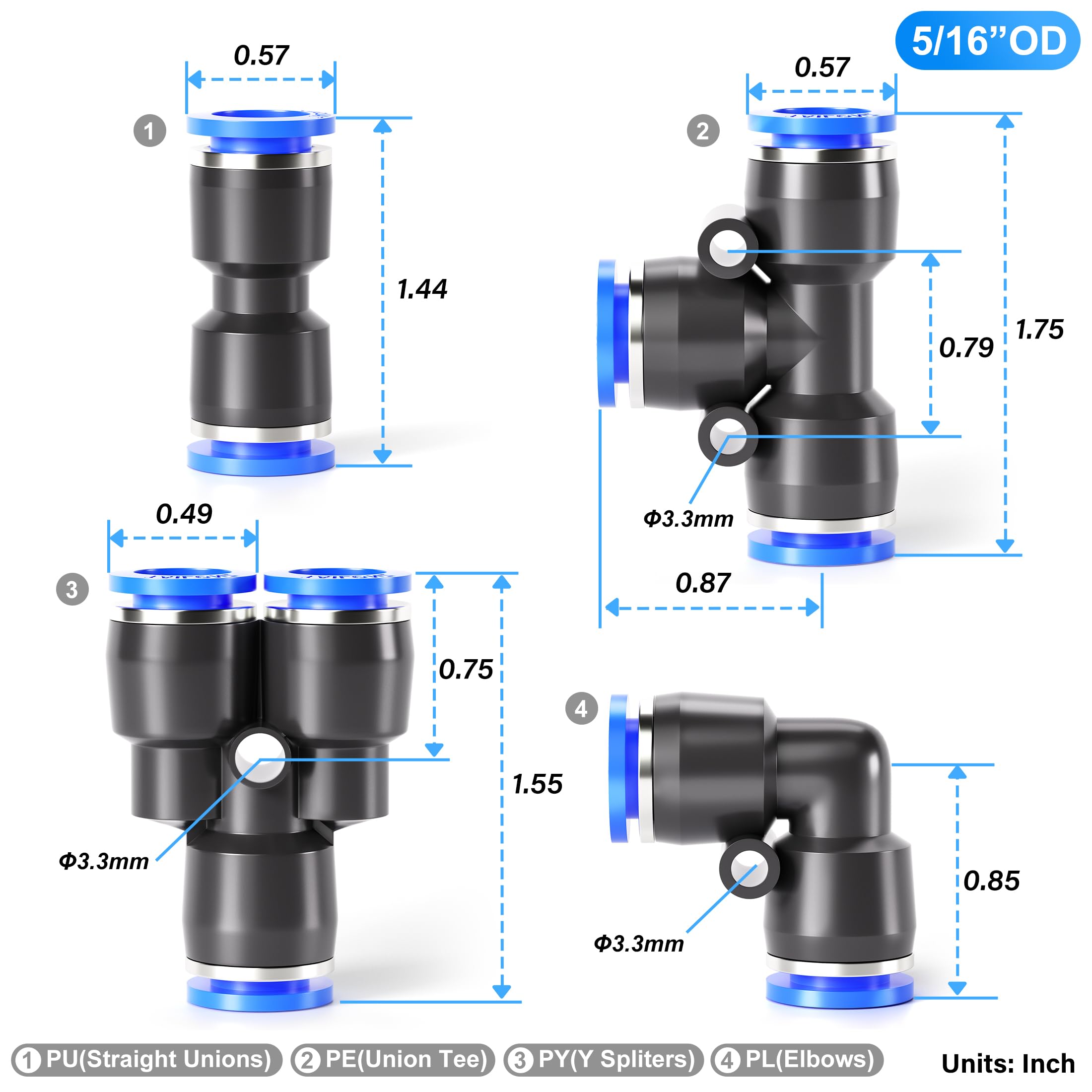 TAILONZ PNEUMATIC 5/16 Inch od Push to Connect Fittings Pneumatic Fittings Kit 10 Spliters+10 Elbows+10 tee+10 Straight(40 pcs)
