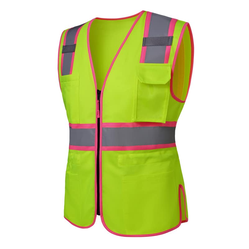 SRsafety Safety Hi-Vis Vest For Women, High Visibility Reflective Breathable Vest For Lady, Durable Zipper & Multi Pockets green S