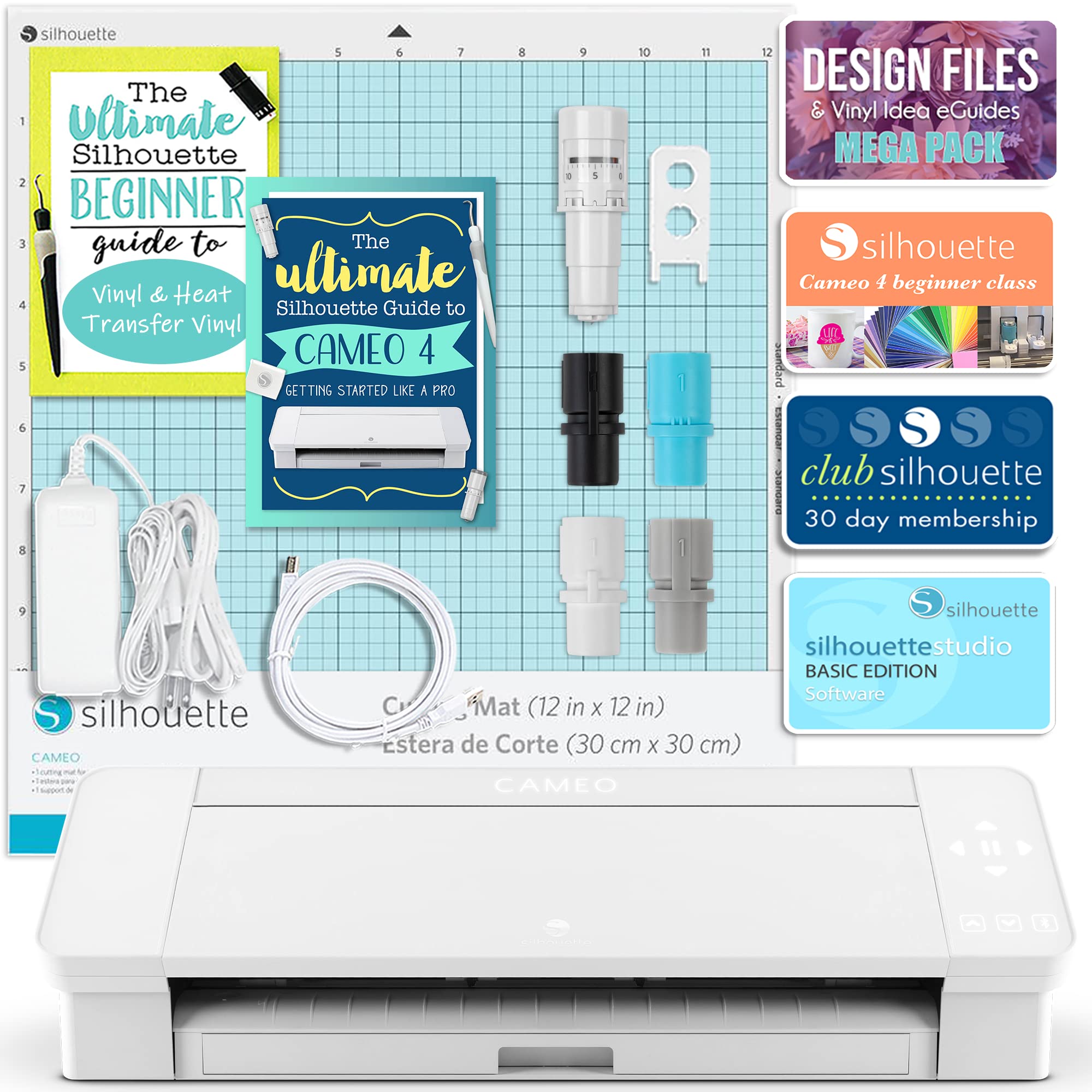 Silhouette White Cameo 4 Bundle with Blade Pack, 38 Oracal Sheets, HTV, Pens, Guides, & More