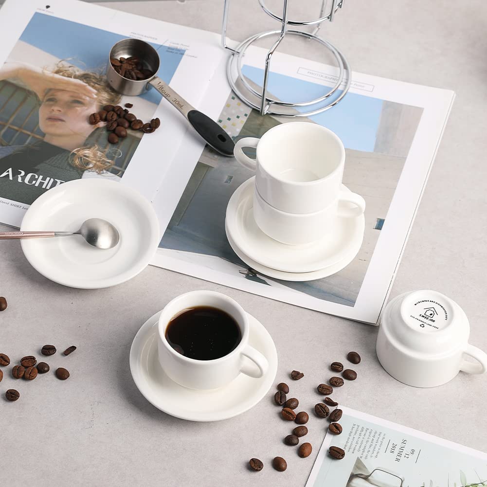 Sweejar 6-Piece Espresso Spoons 18/8 Stainless Steel Porcelain Espresso Cups with Saucers, 2.5 Ounce Stackable Cappuccino Cups