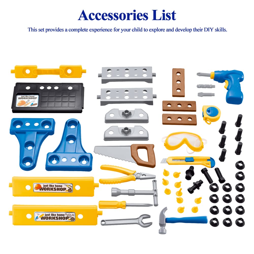 YICORO Kids Tool Set, 62 Pcs 2 in 1 Tool Set with Tool Box & Workbench, Pretend to Play Electronic Toy Drill Kids Toys, Toy Tools for Kids Ages 3 4 5+ Years Old